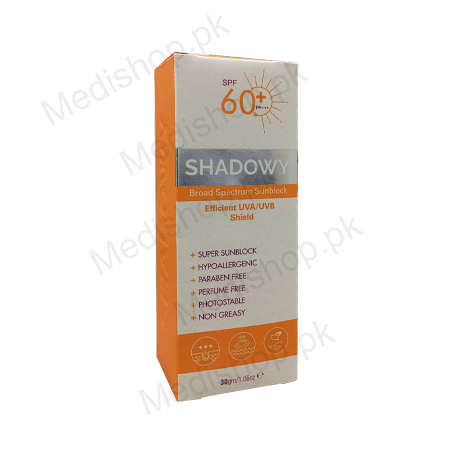 Shadowy SPF 60 PA++ Broad Spectrum Sunblock 30gm – Medishop.pk