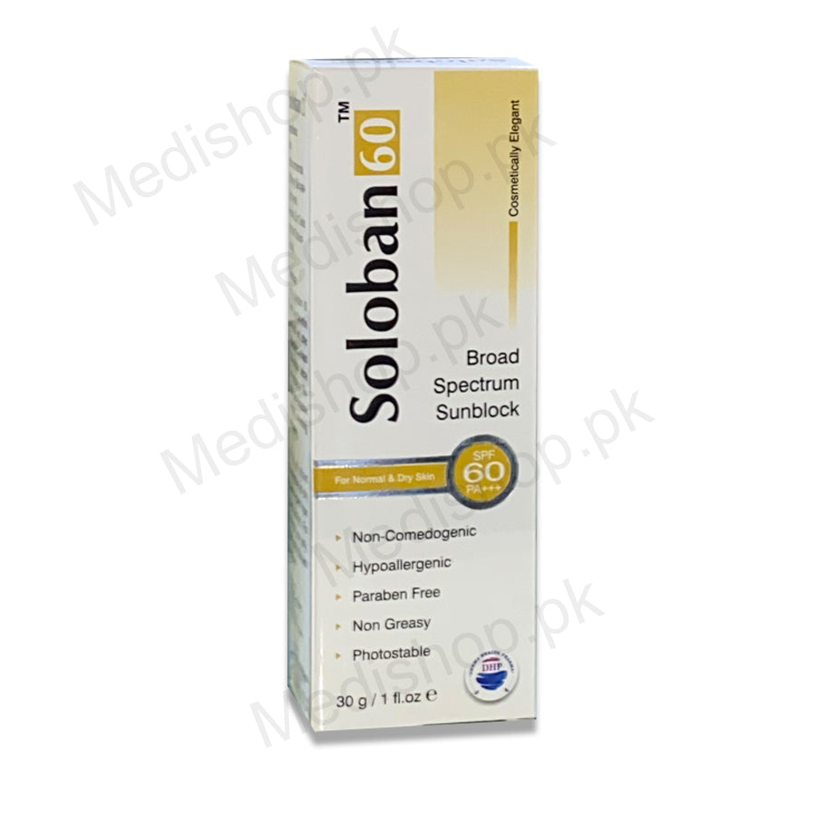 Soloban SPF60 PA+++ 30gm – Medishop.pk